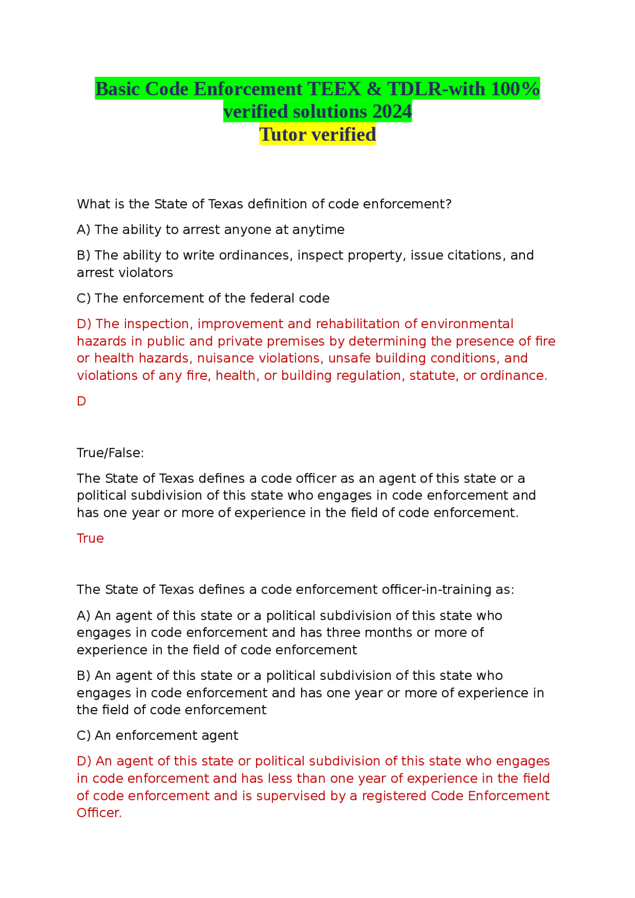 Basic Code Enforcement TEEX & TDLR-with 100% verified solutions 2024 ...