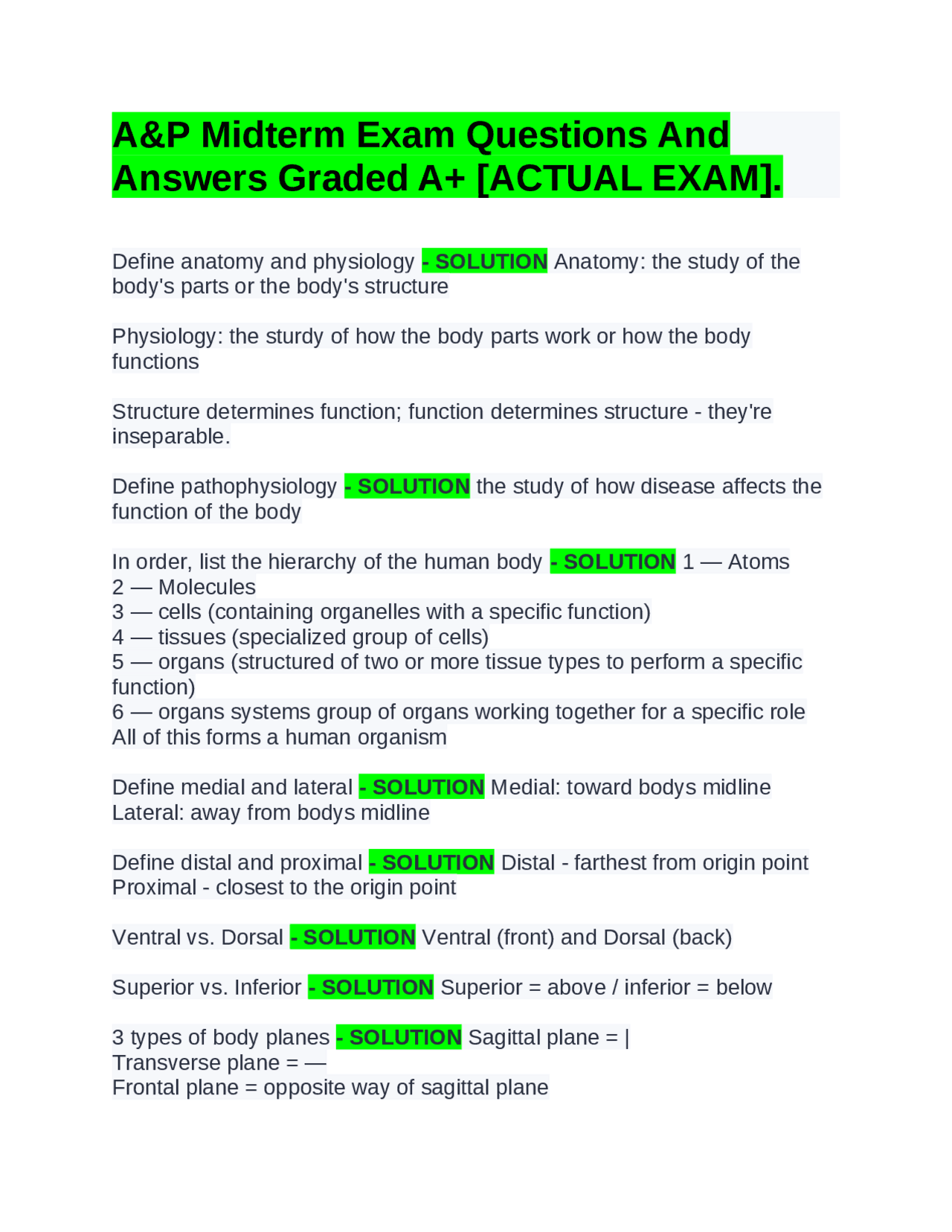A&P Midterm Exam Questions And Answers Graded A+ [ACTUAL EXAM]. | Exams ...