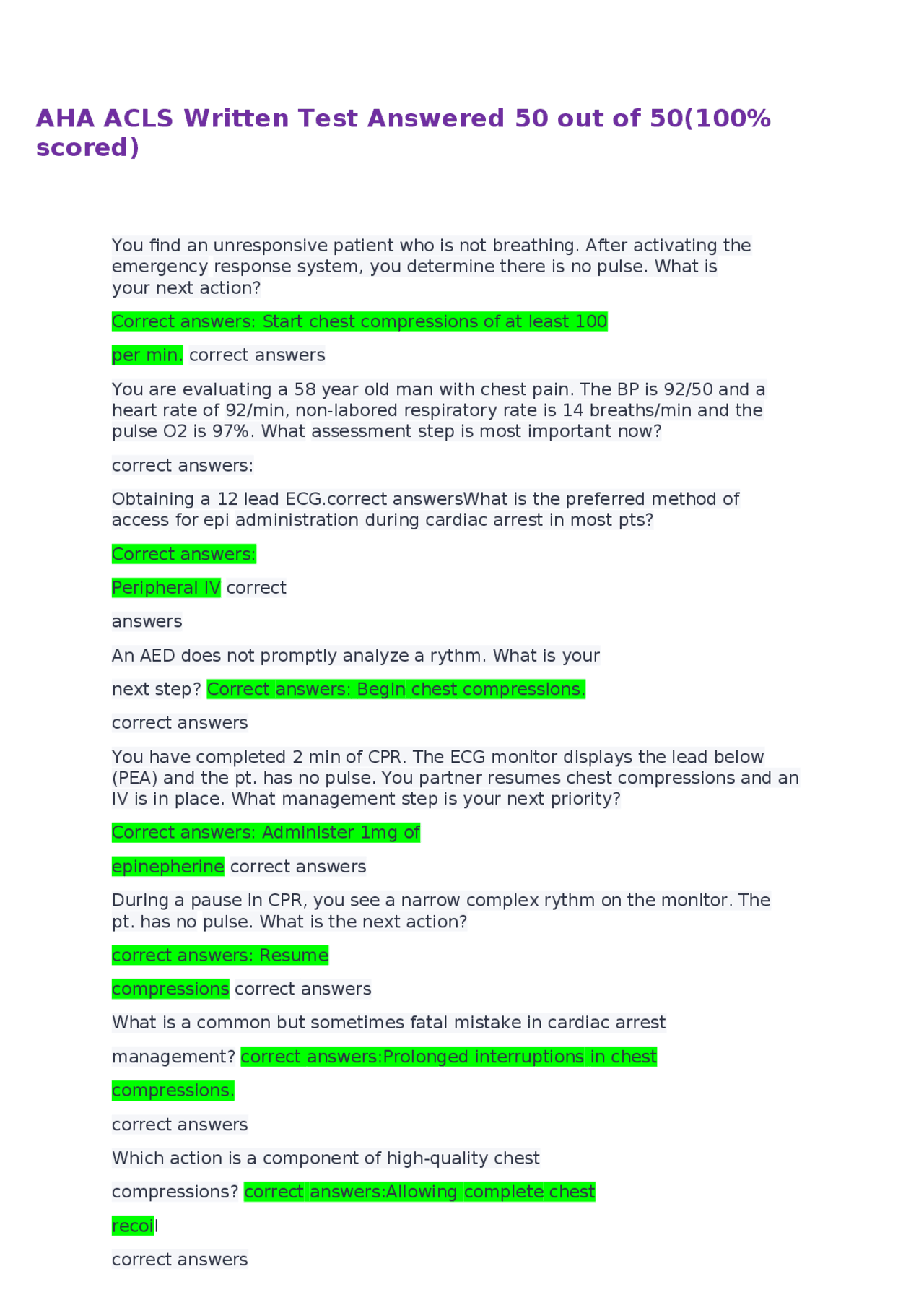 AHA ACLS Written Test Answered 50 out of 50(100% scored) | Exams ...