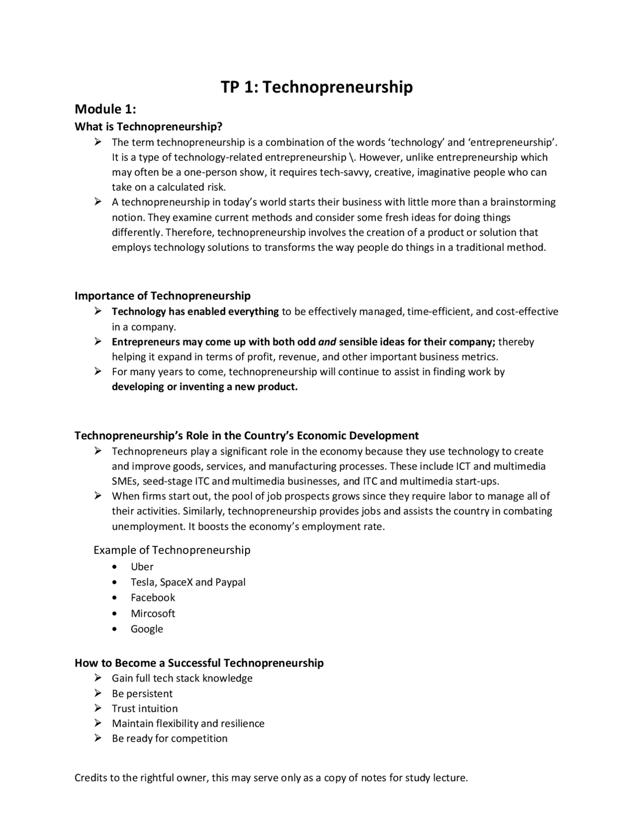 The introduction of Technoprenuership | Summaries Information Technology Management | Docsity