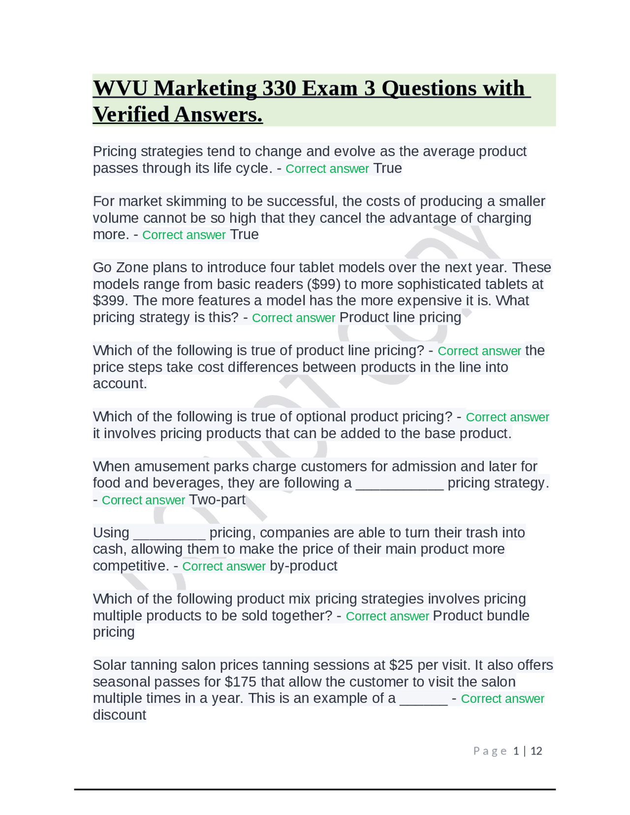 WVU Marketing 330 Exam 3 Questions with Verified Answers. | Exams Marketing | Docsity