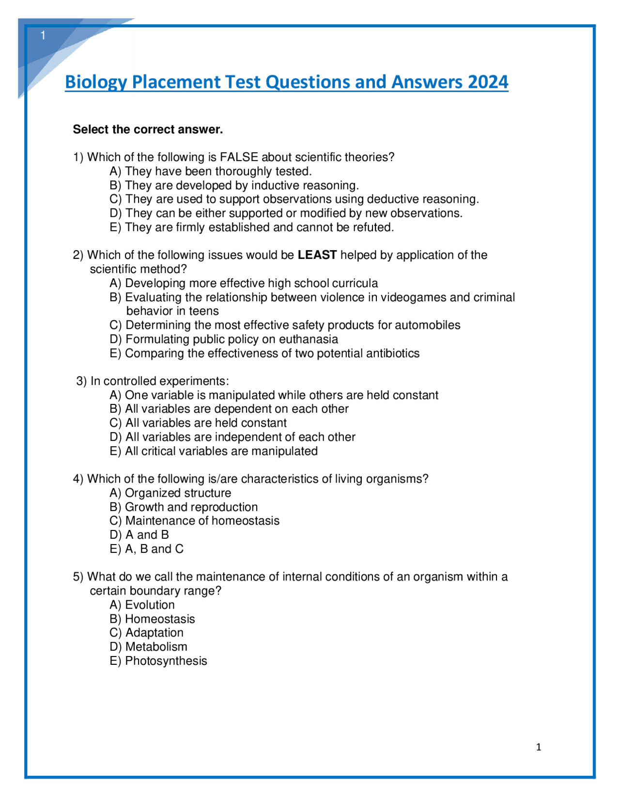Biology Placement Test Questions and Answers 2024 | Exams Biology | Docsity