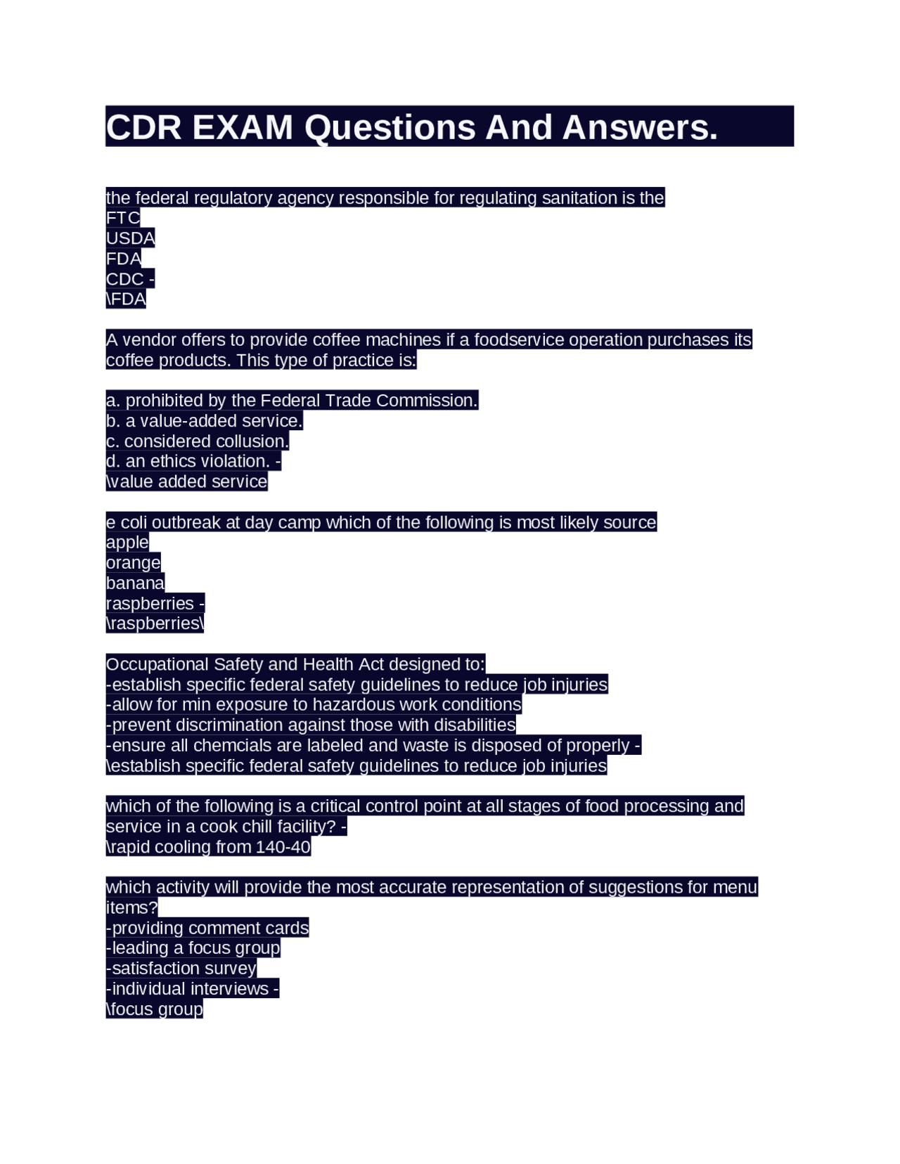 CDR Exam Questions and Answers: Food Safety, Nutrition, and Dietetics ...