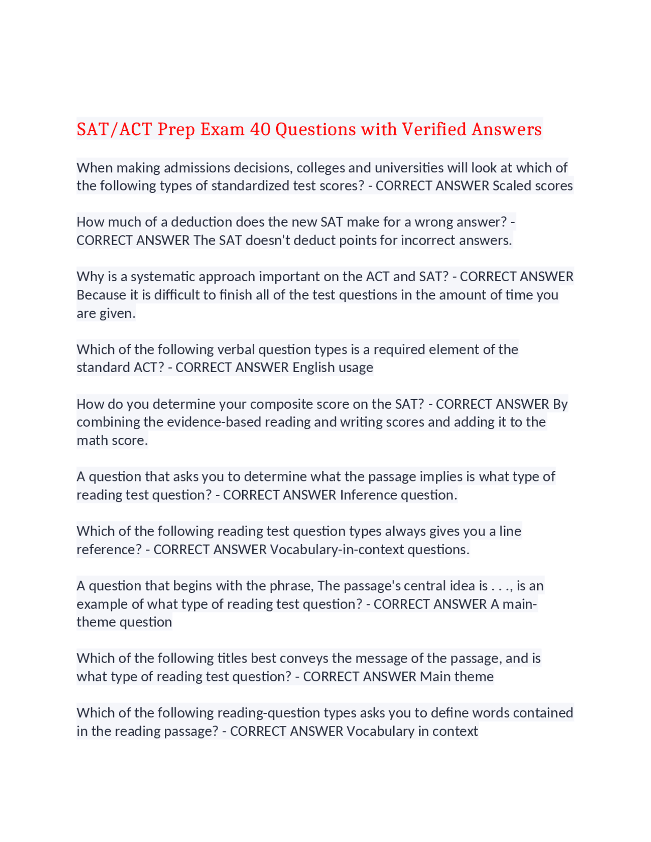 SAT/ACT Prep Exam 40 Questions with Verified Answers,100% CORRECT ...