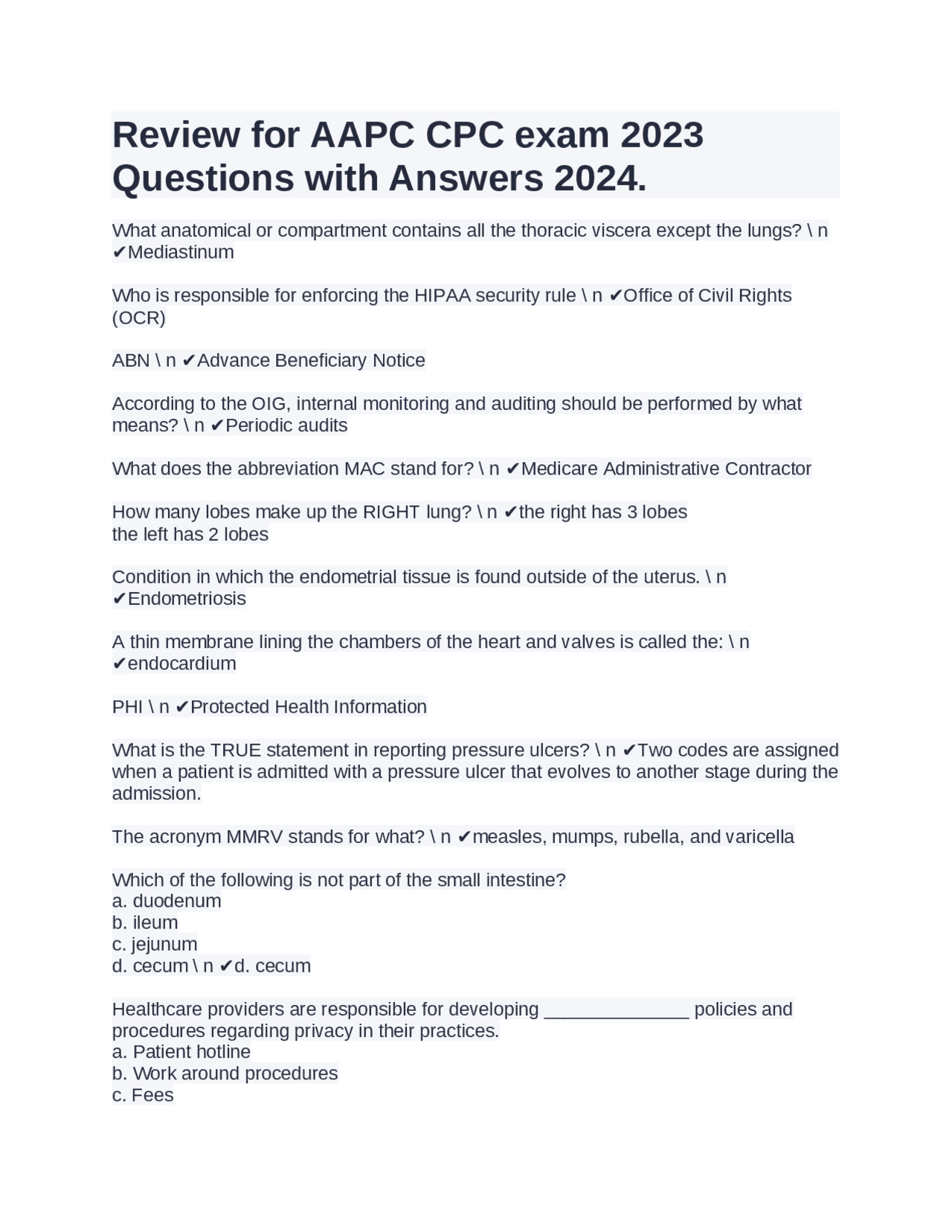 Review for AAPC CPC exam 2023 Questions with Answers 2024. | Exams ...