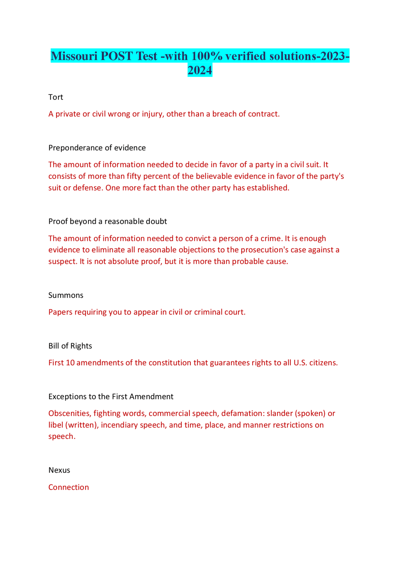 Missouri POST Test: Understanding Legal Concepts, Evidence, and ...