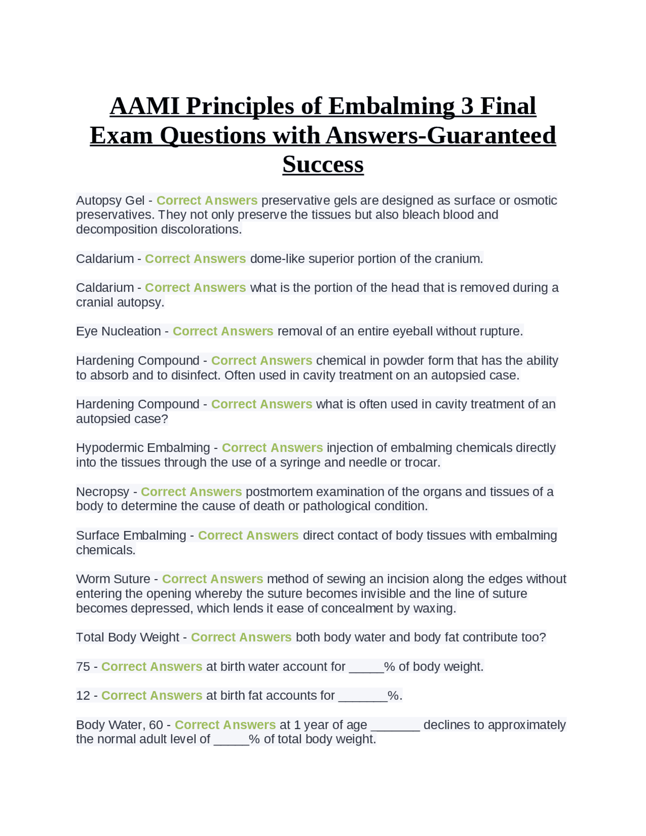 AAMI Principles of Embalming 3 Final Exam Questions with Answers ...