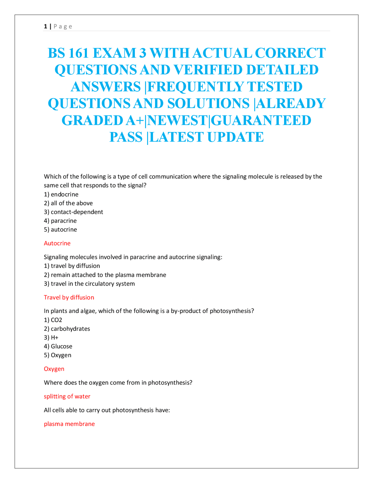 BS 161 EXAM 3 WITH ACTUAL CORRECT QUESTIONS AND VERIFIED DETAILED ANSWERS | Exams Nursing | Docsity
