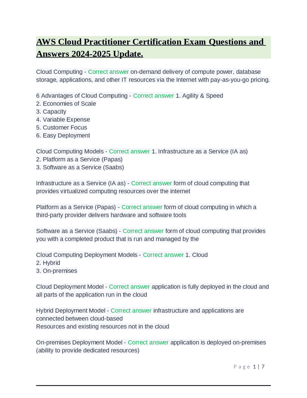 AWS Cloud Practitioner Certification Exam Questions and Answers 2024-2025 Update. | Exams ...