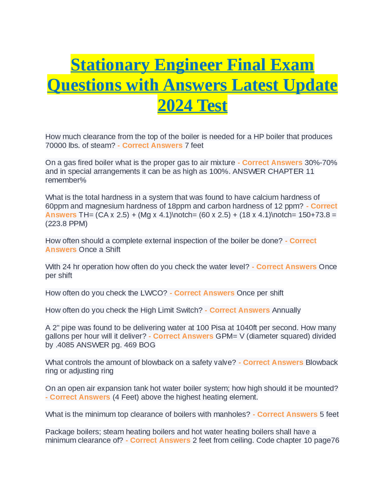 Stationary Engineer Final Exam Questions with Answers Latest Update ...