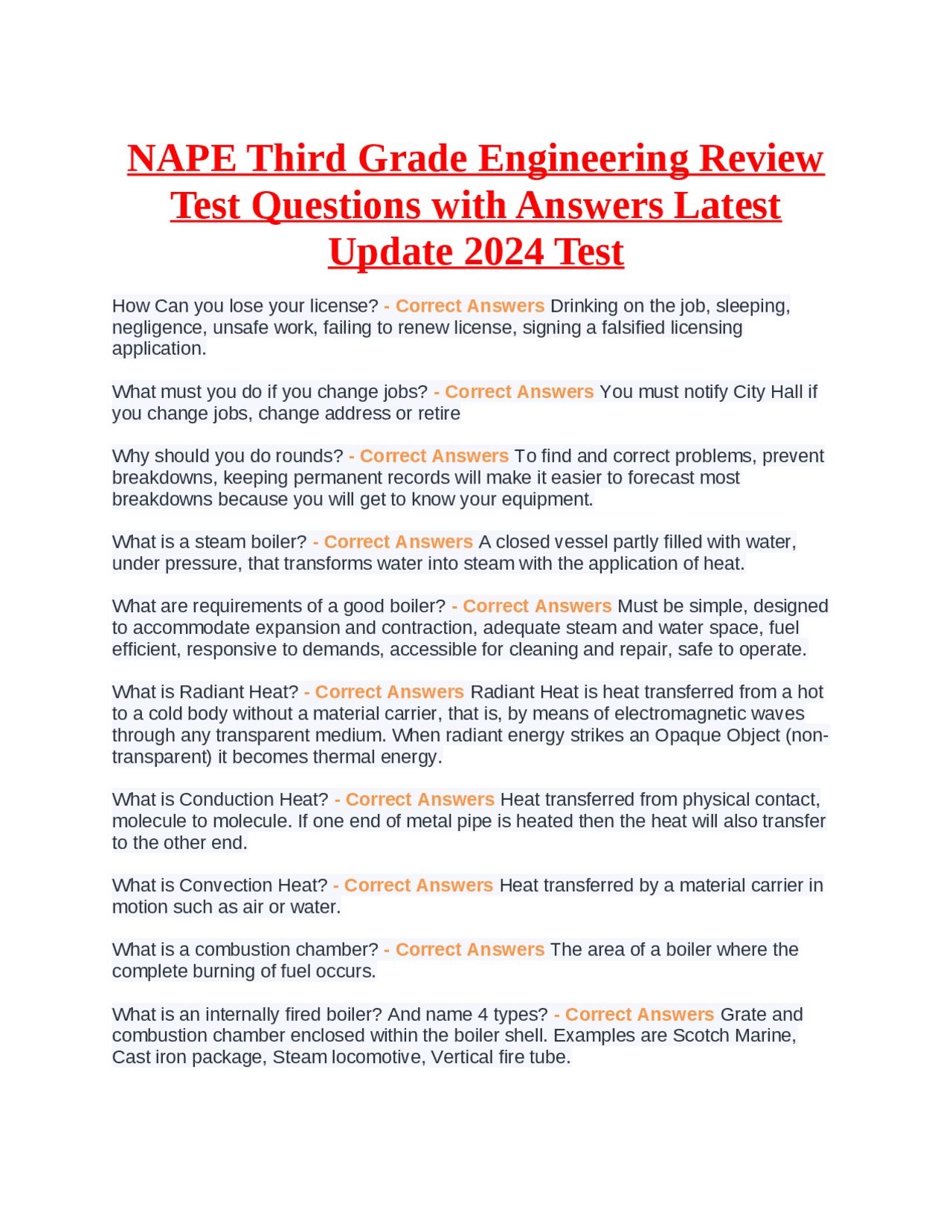 Nape Third Grade Engineering Review Test Questions With Answers Latest Update 2024 Test Exams