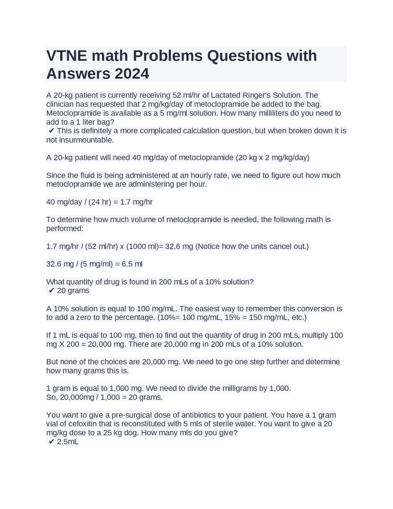 VTNE math Problems Questions with Answers 2024 | Exams Medicine | Docsity