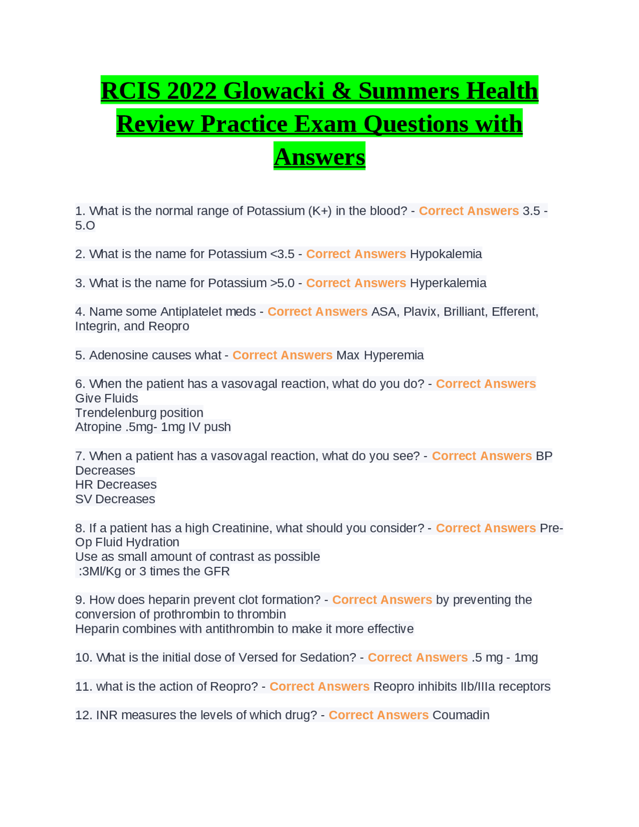 RCIS 2022 Glowacki & Summers Health Review Practice Exam Questions with ...