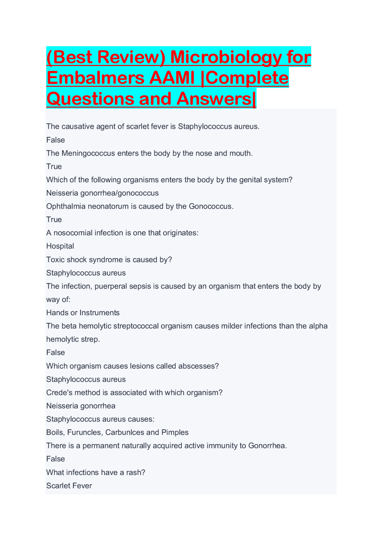 (Best Review) Microbiology for Embalmers AAMI |Complete Questions and ...
