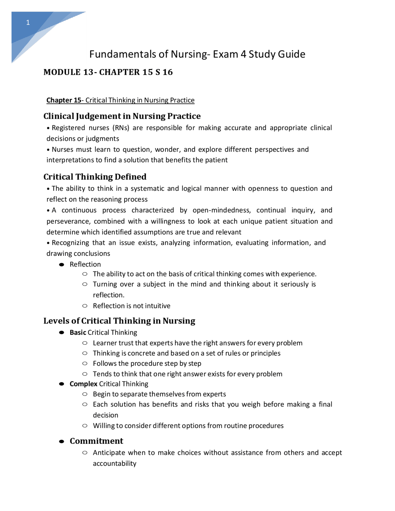 Fundamentals of Nursing- Exam 4 Study Guide | Exams Nursing | Docsity