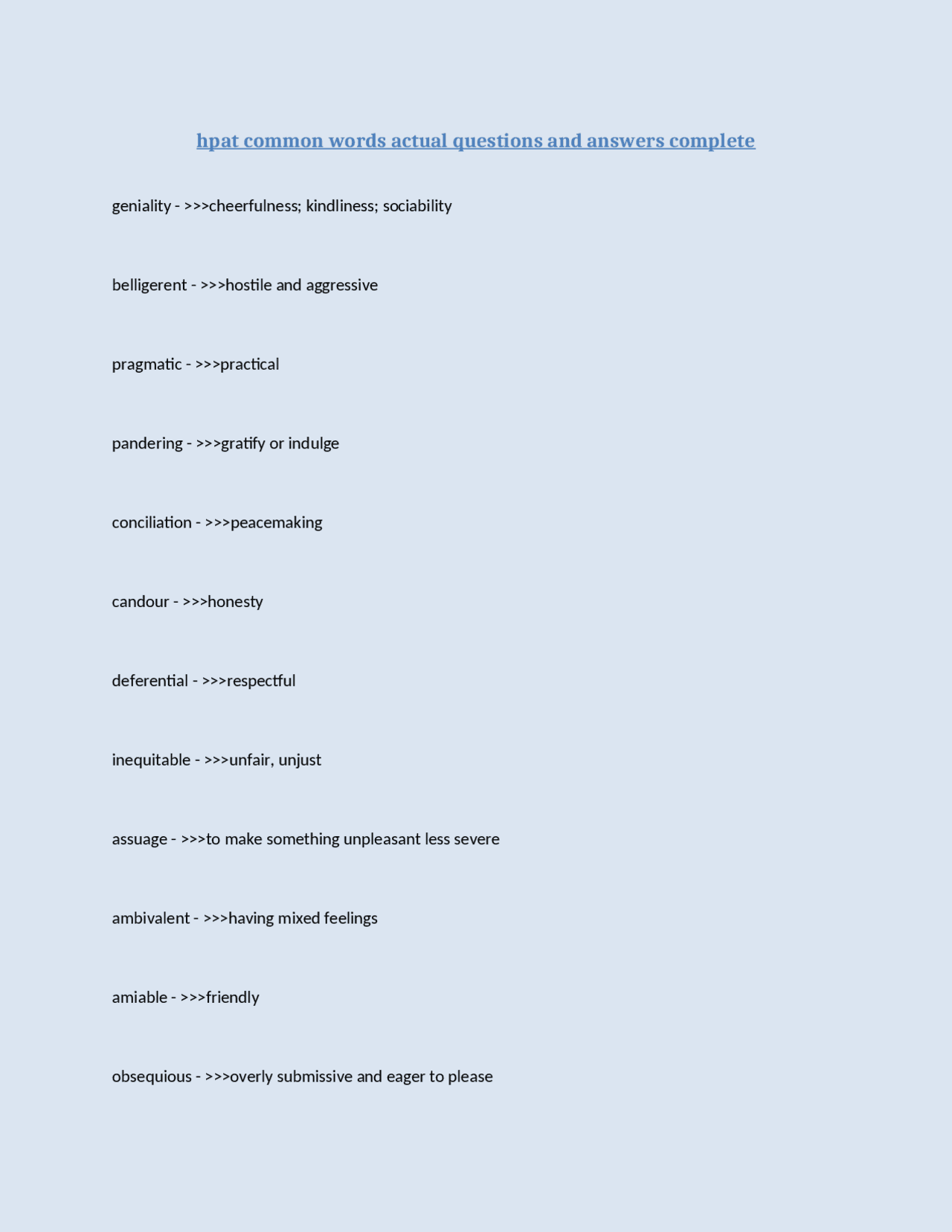 hpat common words actual questions and answers complete | Exams ...