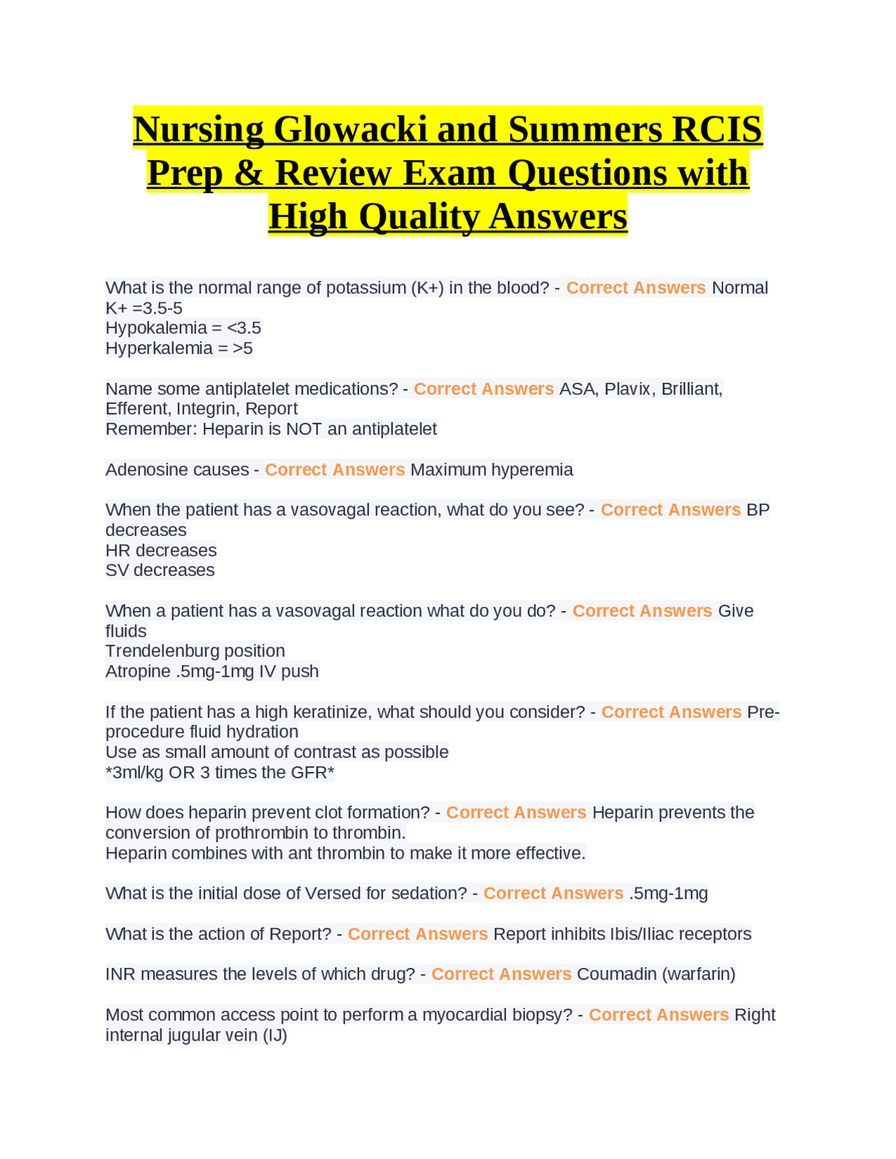 Nursing Glowacki and Summers RCIS Prep & Review Exam Questions with ...