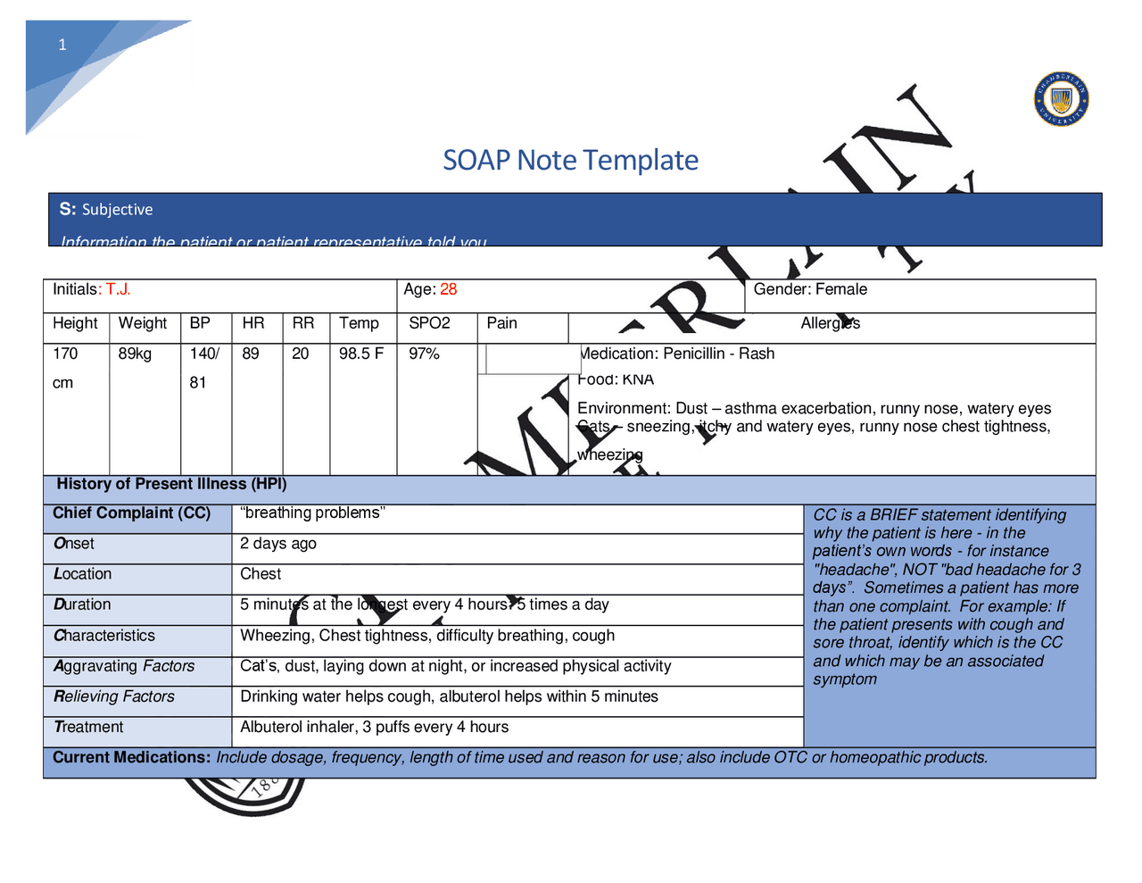 SOAP Note Template for Asthma Exacerbation | Exams Nursing | Docsity