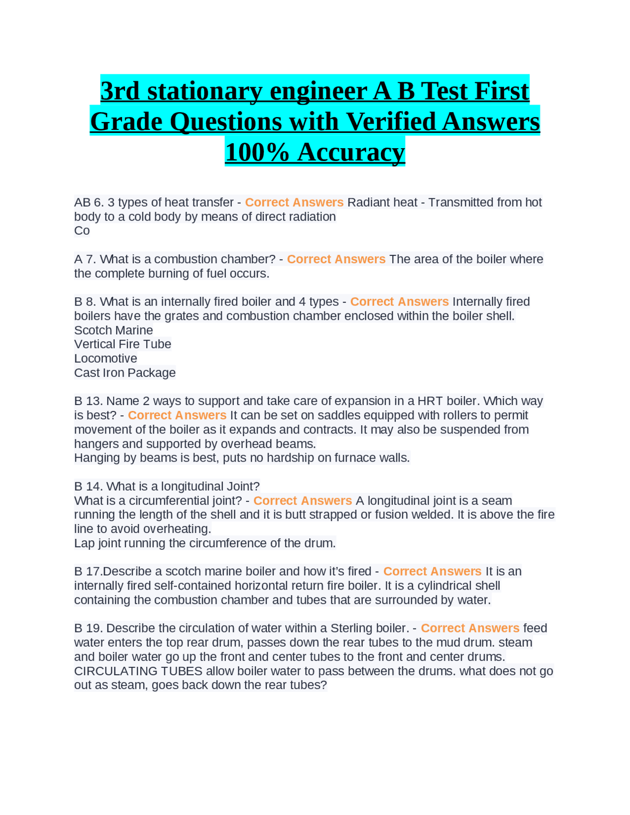 3rd stationary engineer A B Test First Grade Questions with Verified ...