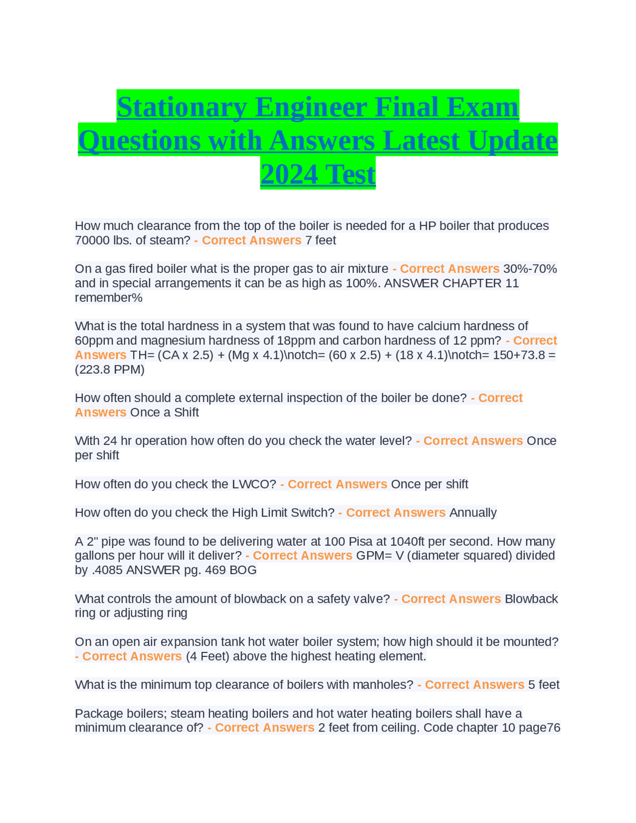 Stationary Engineer Final Exam Questions with Answers Latest Update ...