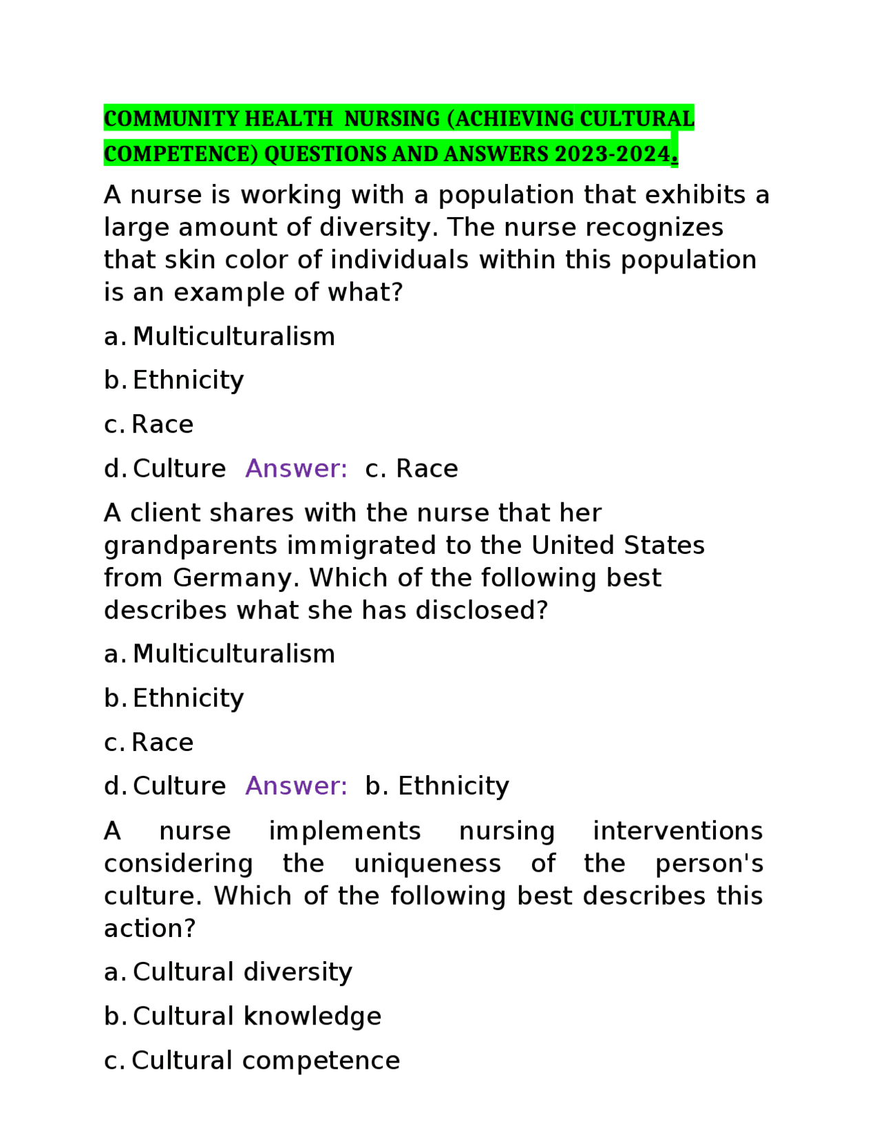 COMMUNITY HEALTH NURSING (ACHIEVING CULTURAL COMPETENCE) QUESTIONS AND ...