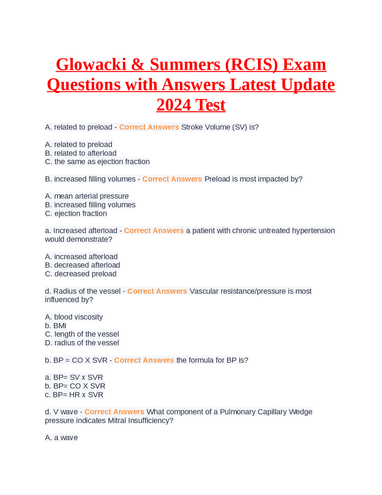 RCIS Exam Questions and Answers for Cardiovascular Physiology | Exams ...
