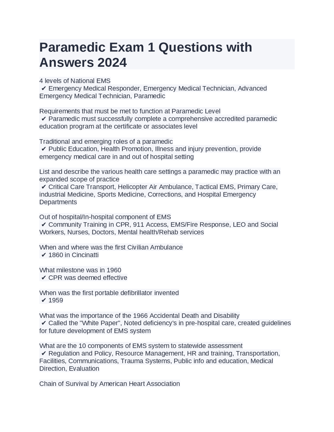 Paramedic Exam 1 Questions with Answers 2024 | Exams Medicine | Docsity