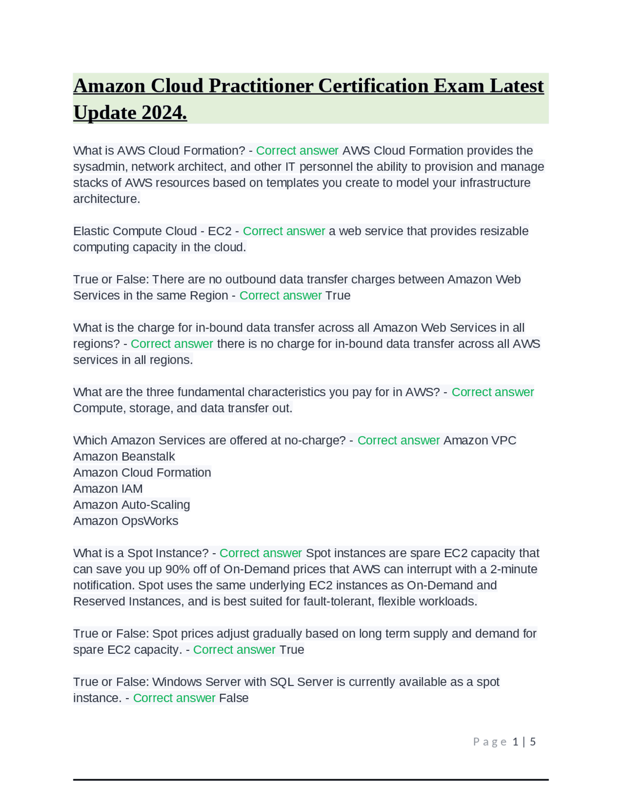 AWS Cloud Practitioner Certification Exam Study Guide 2024 | Exams Computer Security | Docsity