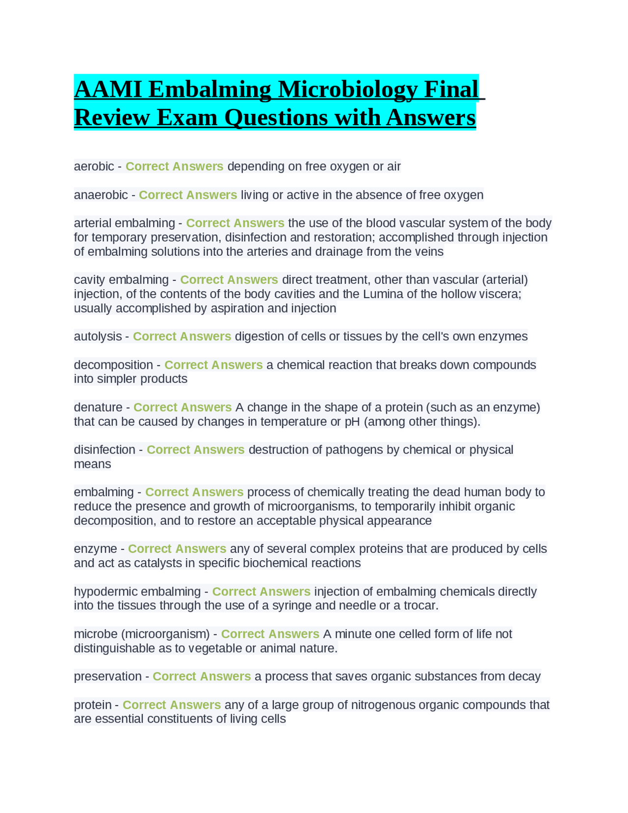 AAMI Embalming Microbiology Final Review Exam Questions with Answers ...