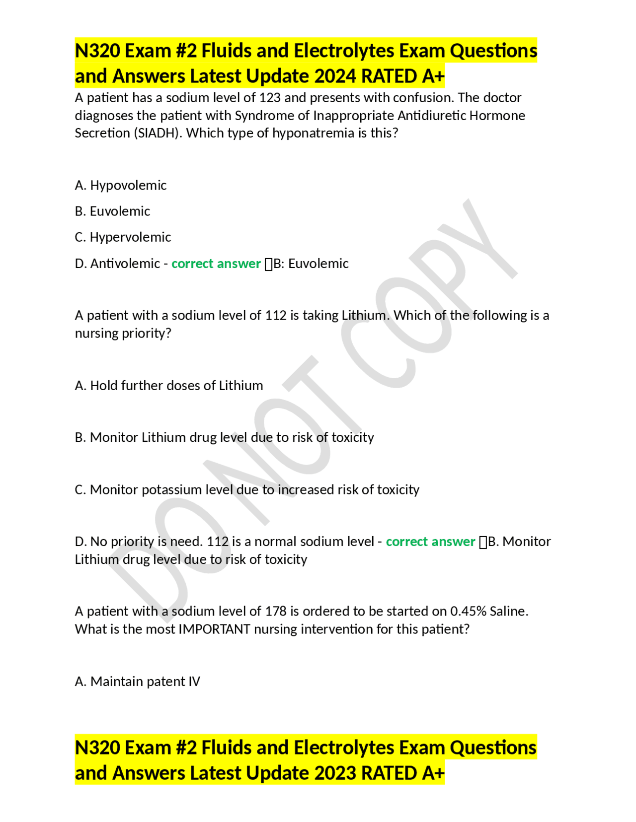 N320 Exam #2 Fluids and Electrolytes Exam Questions and Answers Latest ...