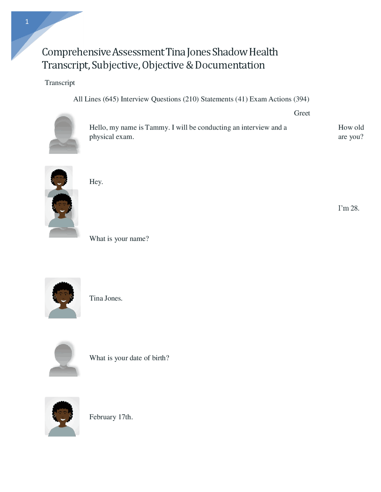 Tina Jones Comprehensive Assessment | Exams Nursing | Docsity