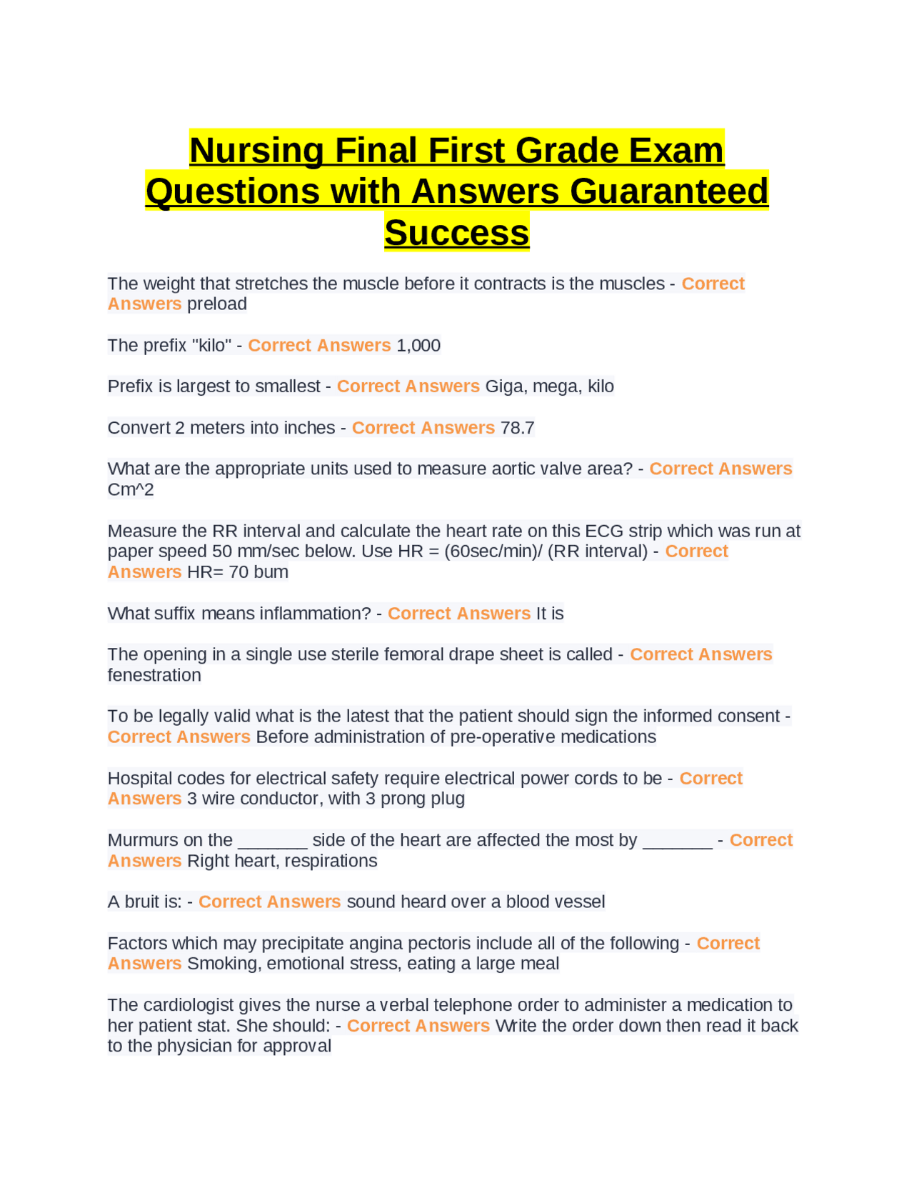 Nursing Final First Grade Exam Questions with Answers Guaranteed Success | Exams Nursing | Docsity