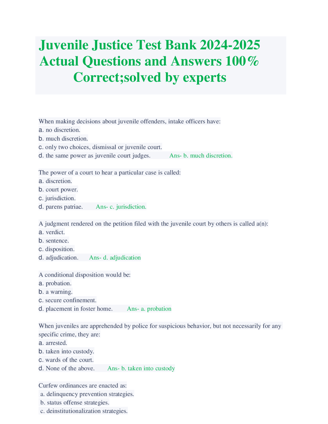 Juvenile Justice Test Bank 2024-2025 Actual Questions and Answers 100% ...