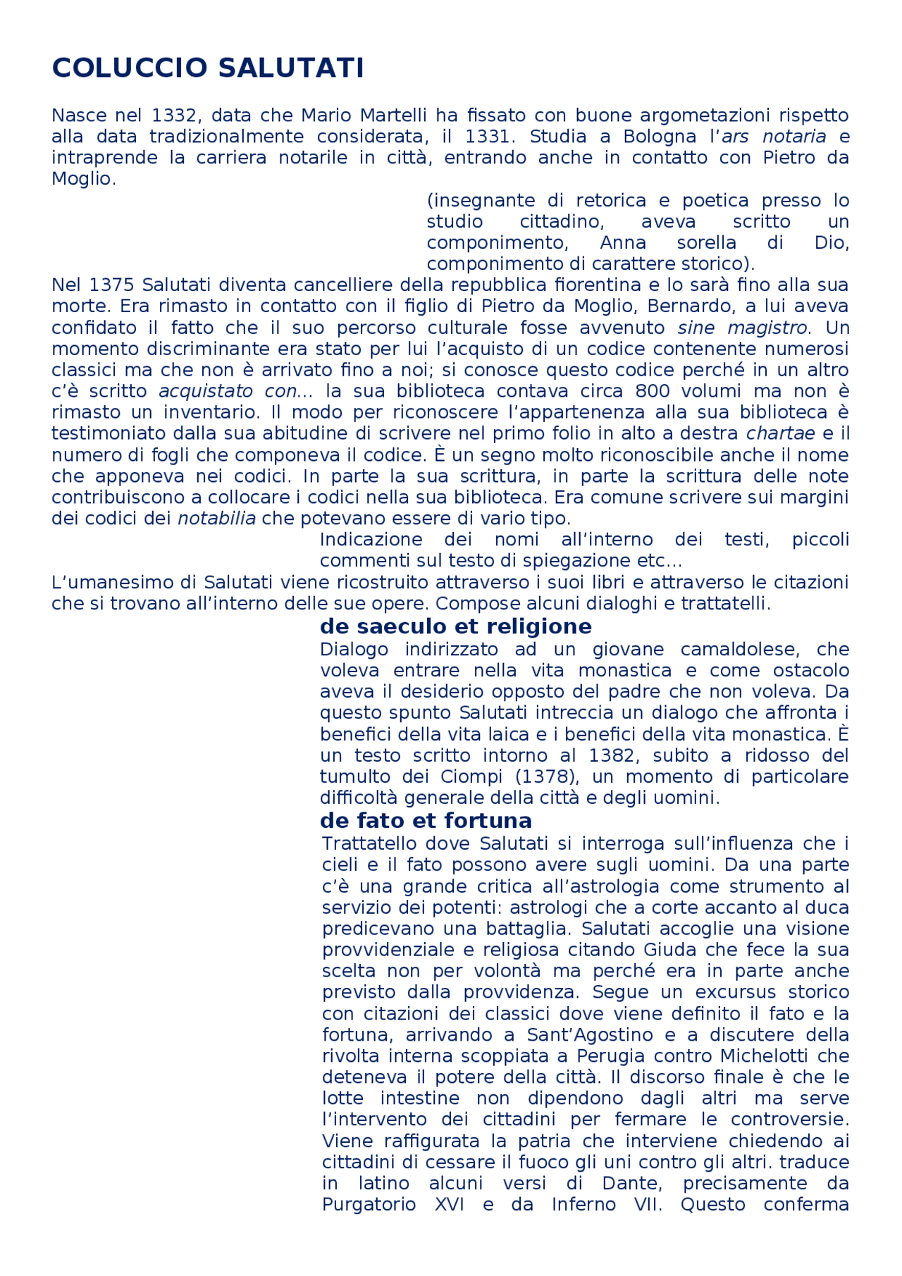 Coluccio salutati appunti | Appunti di Letteratura | Docsity