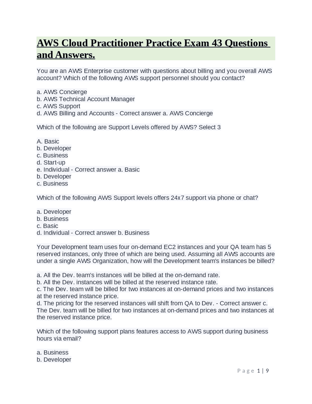 AWS Cloud Practitioner Practice Exam 43 Questions and Answers. | Exams Algorithms and ...