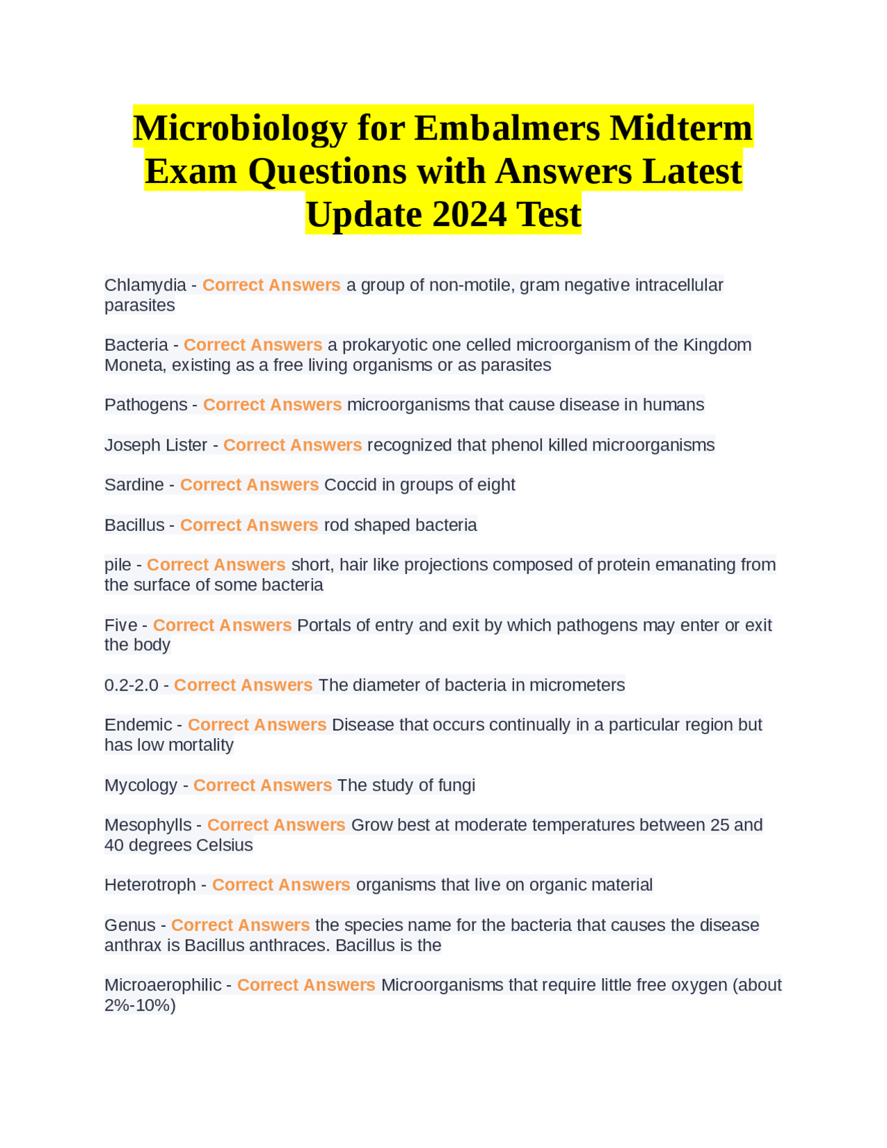 Microbiology for Embalmers Midterm Exam Questions with Answers Latest ...