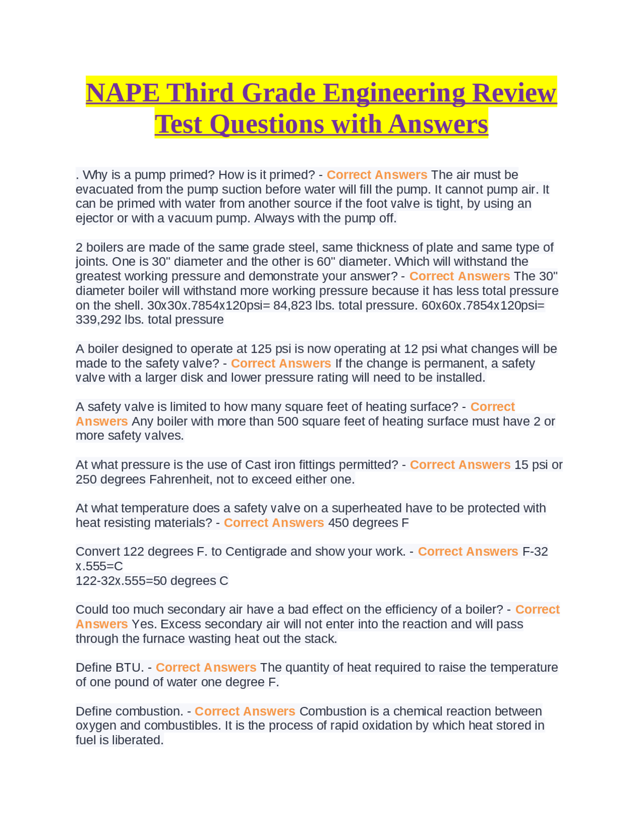 NAPE Third Grade Engineering Review Test Questions with Answers | Exams ...
