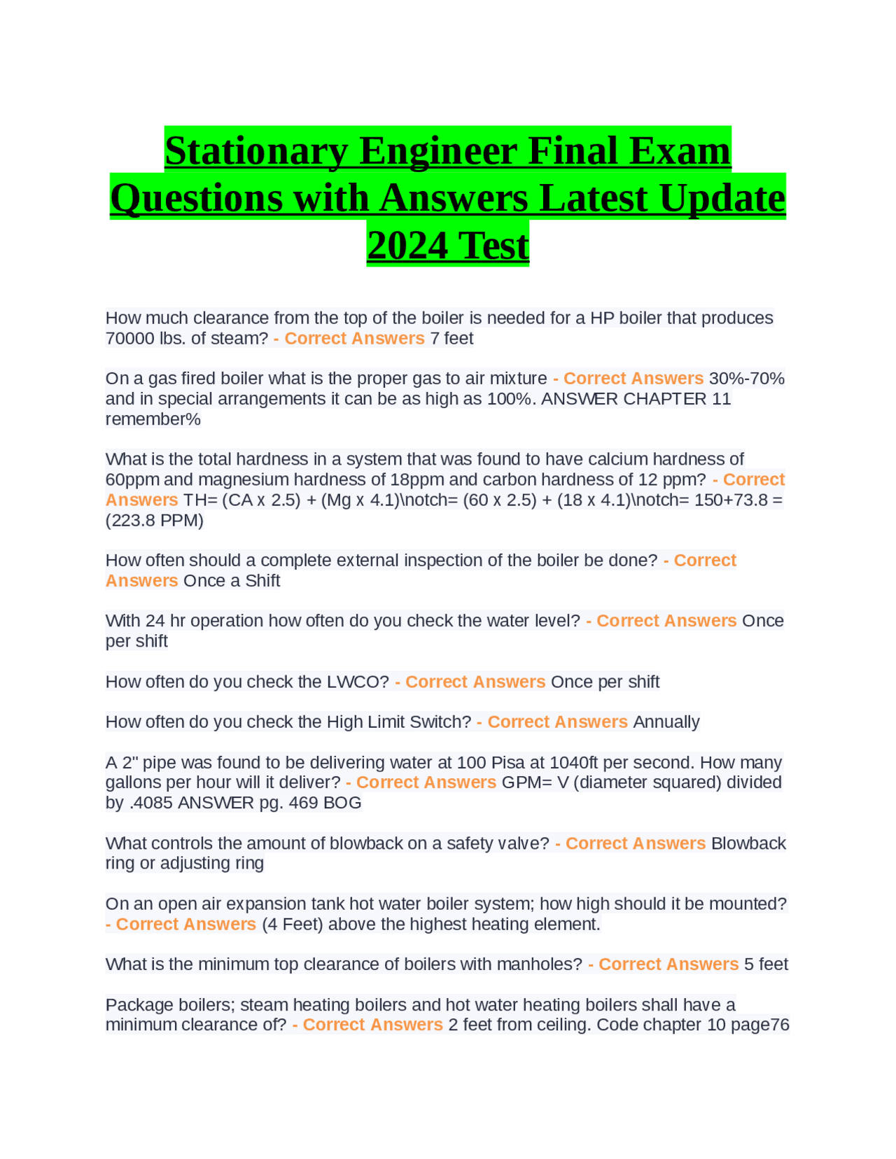 Stationary Engineer Final Exam Questions with Answers Latest Update ...