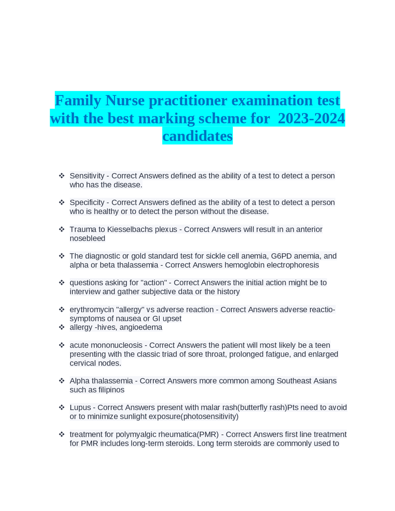 Family Nurse practitioner examination test with the best marking scheme ...
