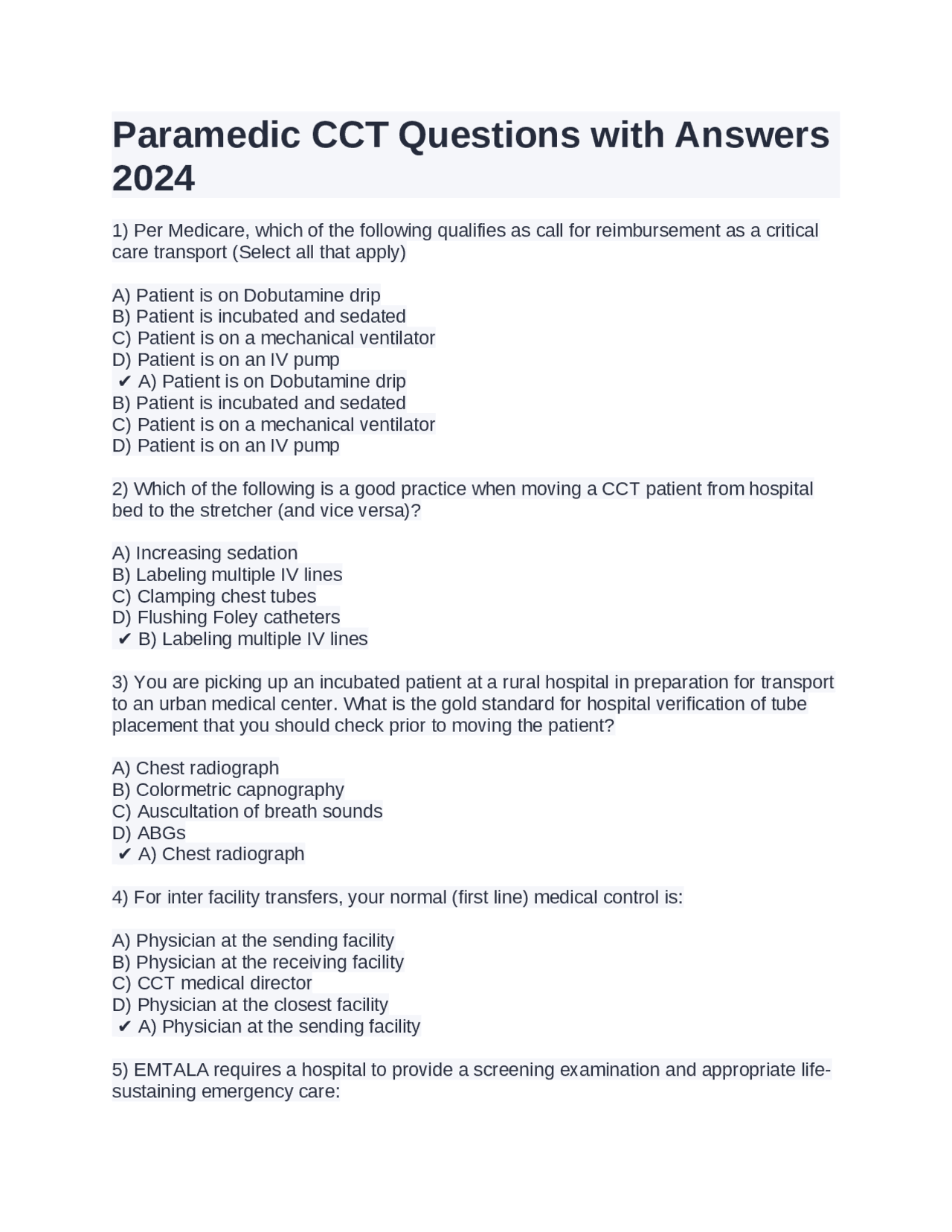 Paramedic CCT Questions with Answers 2024 | Exams Medicine | Docsity