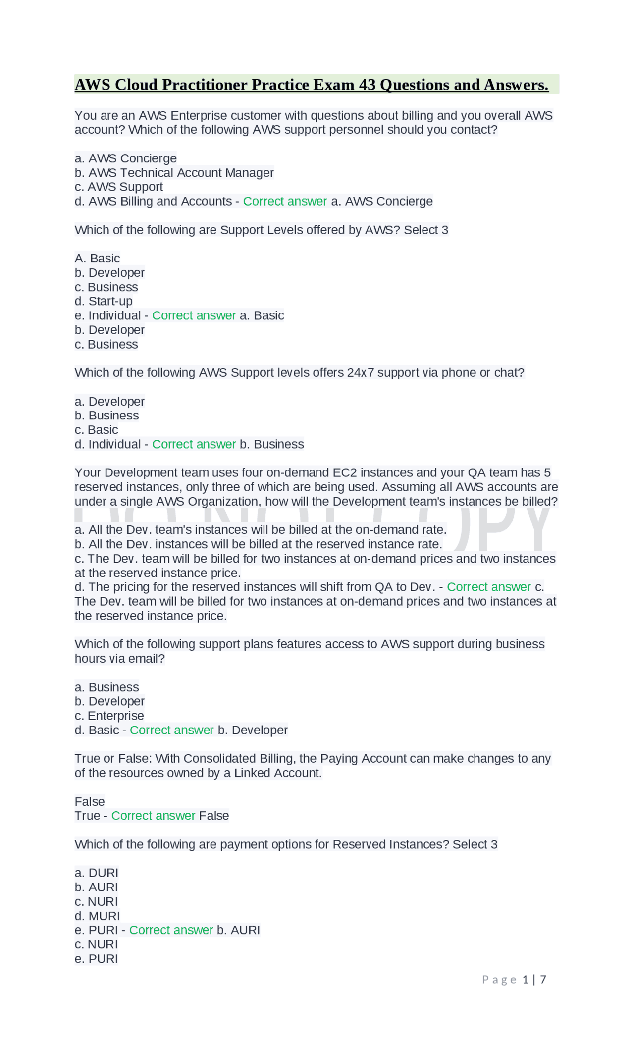 AWS Cloud Practitioner Practice Exam 43 Questions and Answers. | Exams Algorithms and ...