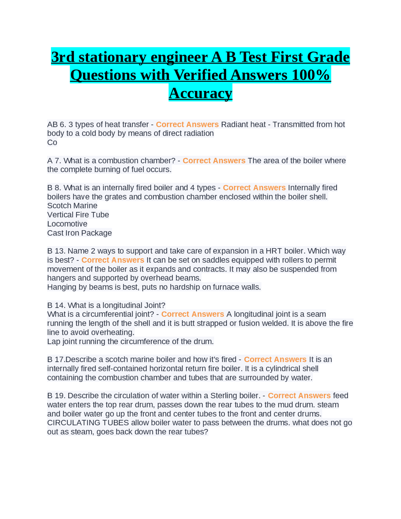 3rd stationary engineer A B Test First Grade Questions with Verified ...