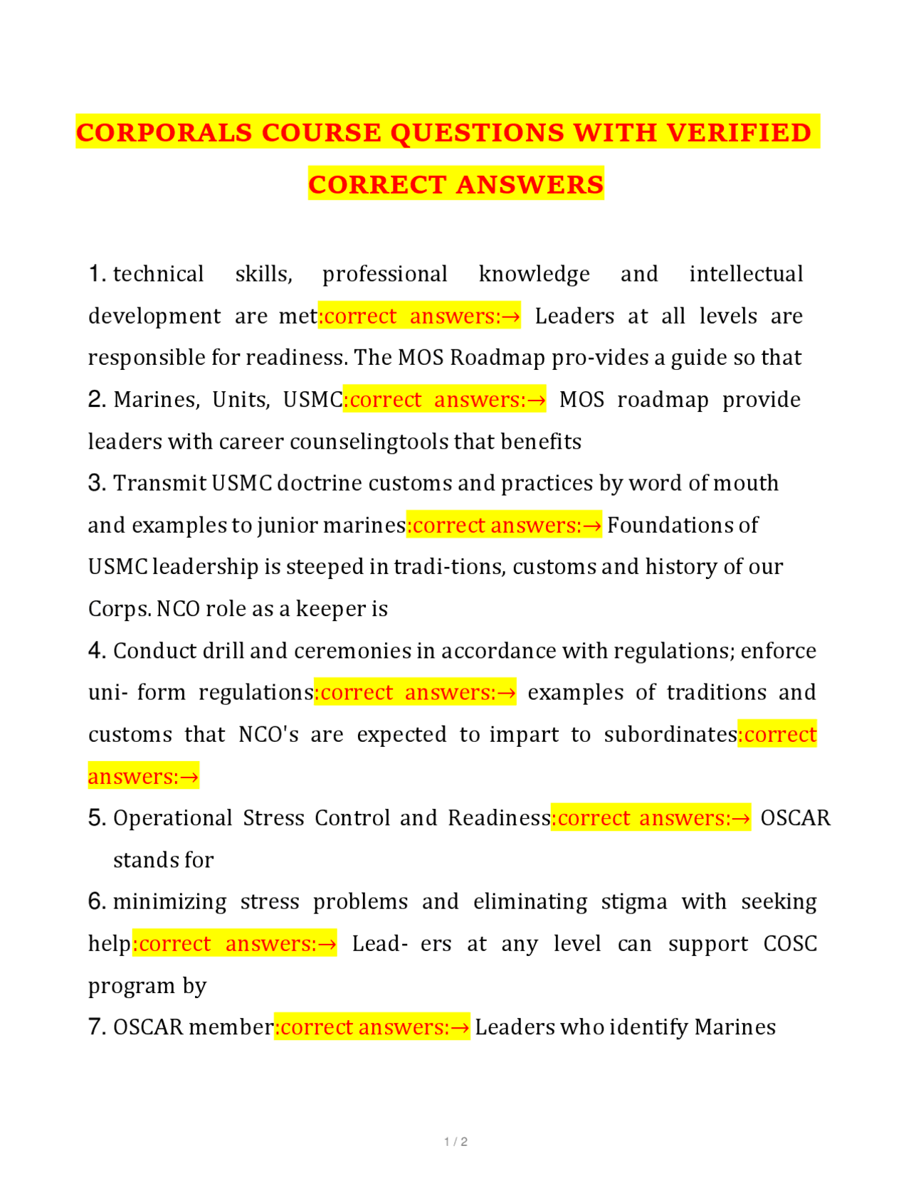 CORPORALS COURSE QUESTIONS WITH VERIFIED CORRECT ANSWERS | Exams ...