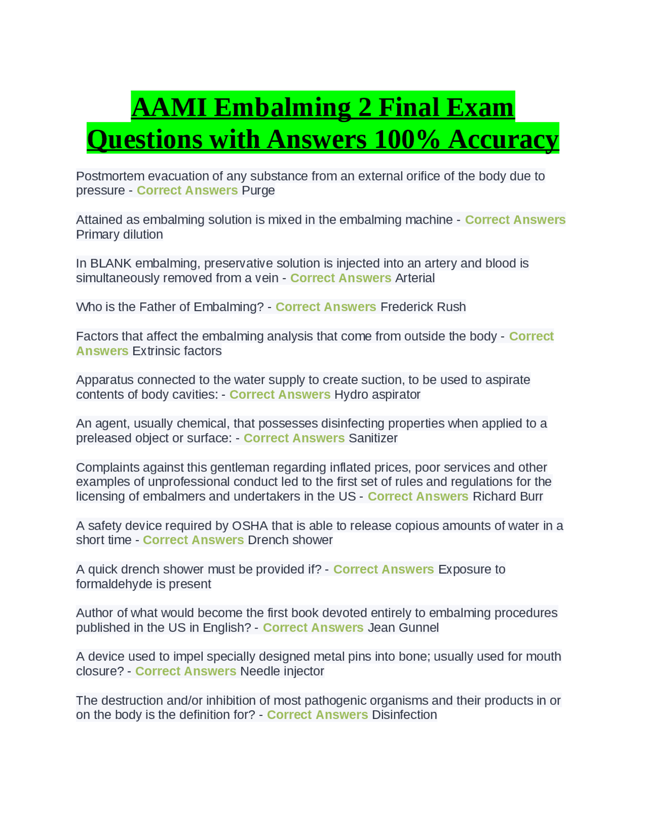 Embalming Final Exam Questions and Answers | Exams Nursing | Docsity