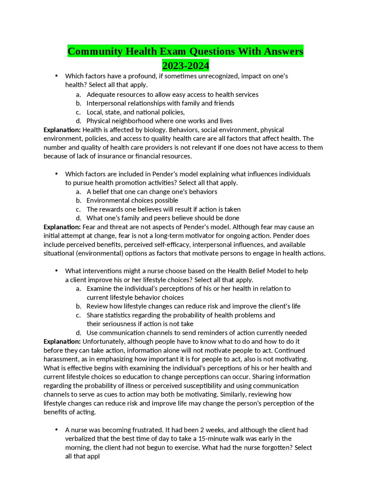 COMMUNITY HEALTH EXAM QUESTIONS WITH ANSWERS 2023-2024 | Exams Nursing ...