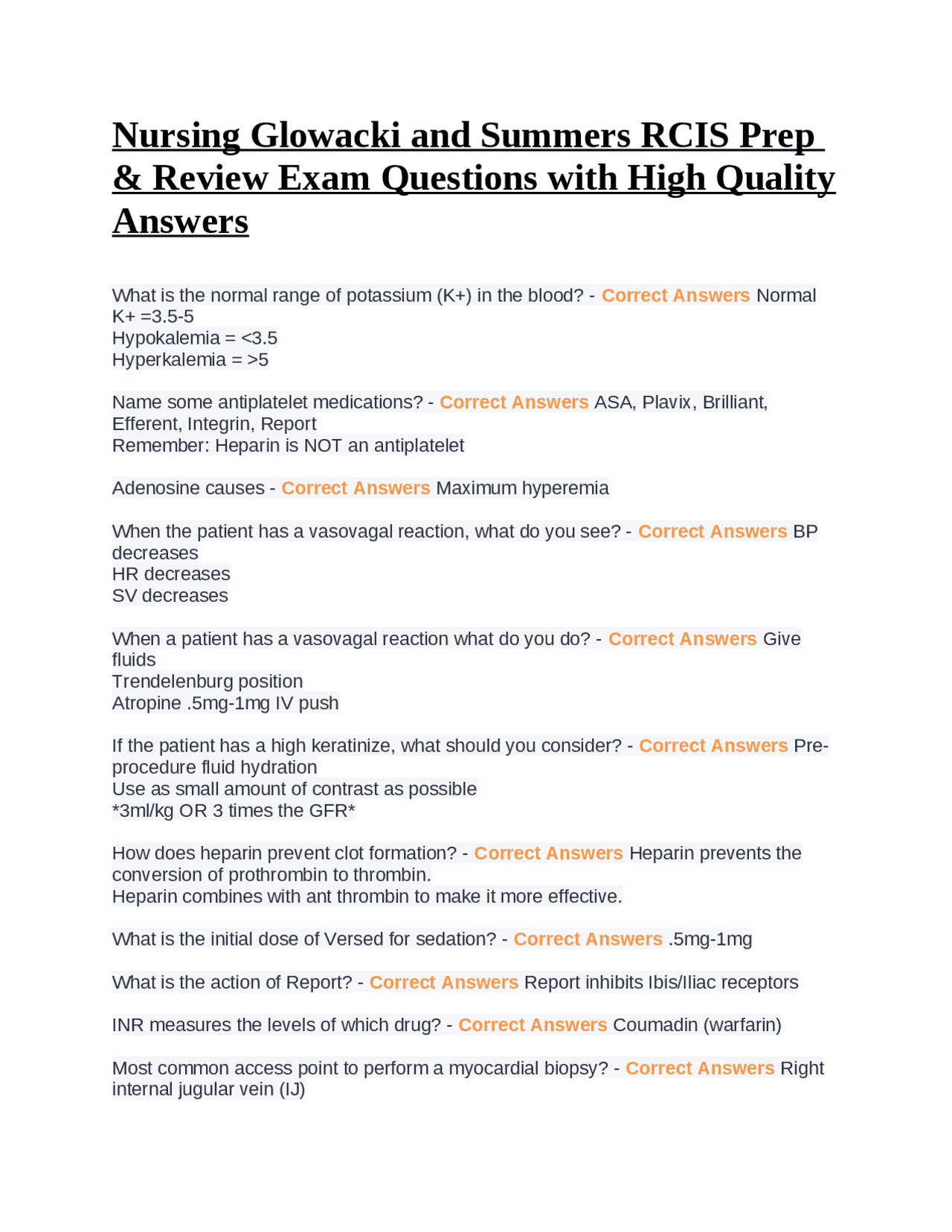 Nursing Glowacki and Summers RCIS Prep & Review Exam Questions with ...