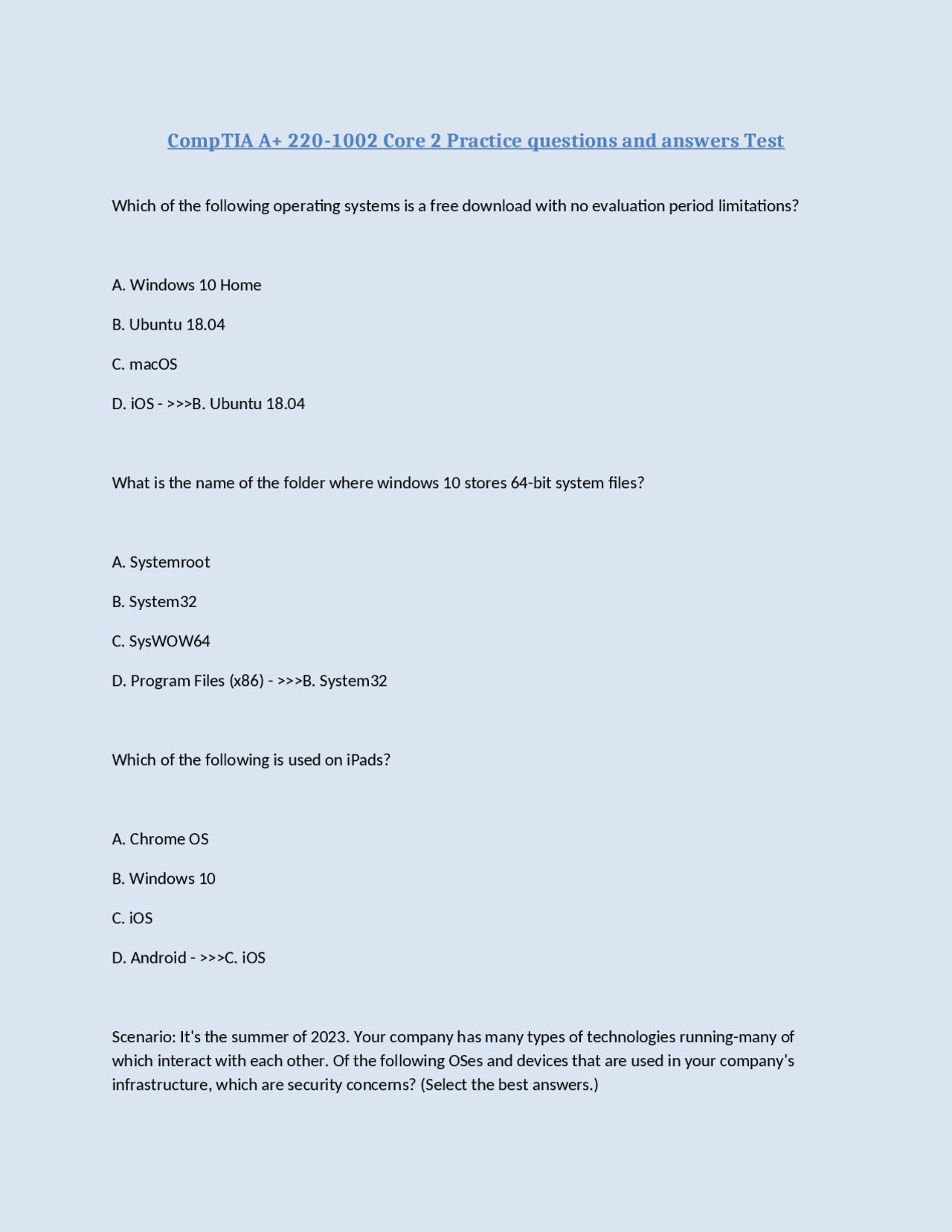 CompTIA A+ 220-1002 Core 2 Practice questions and answers Test | Exams ...