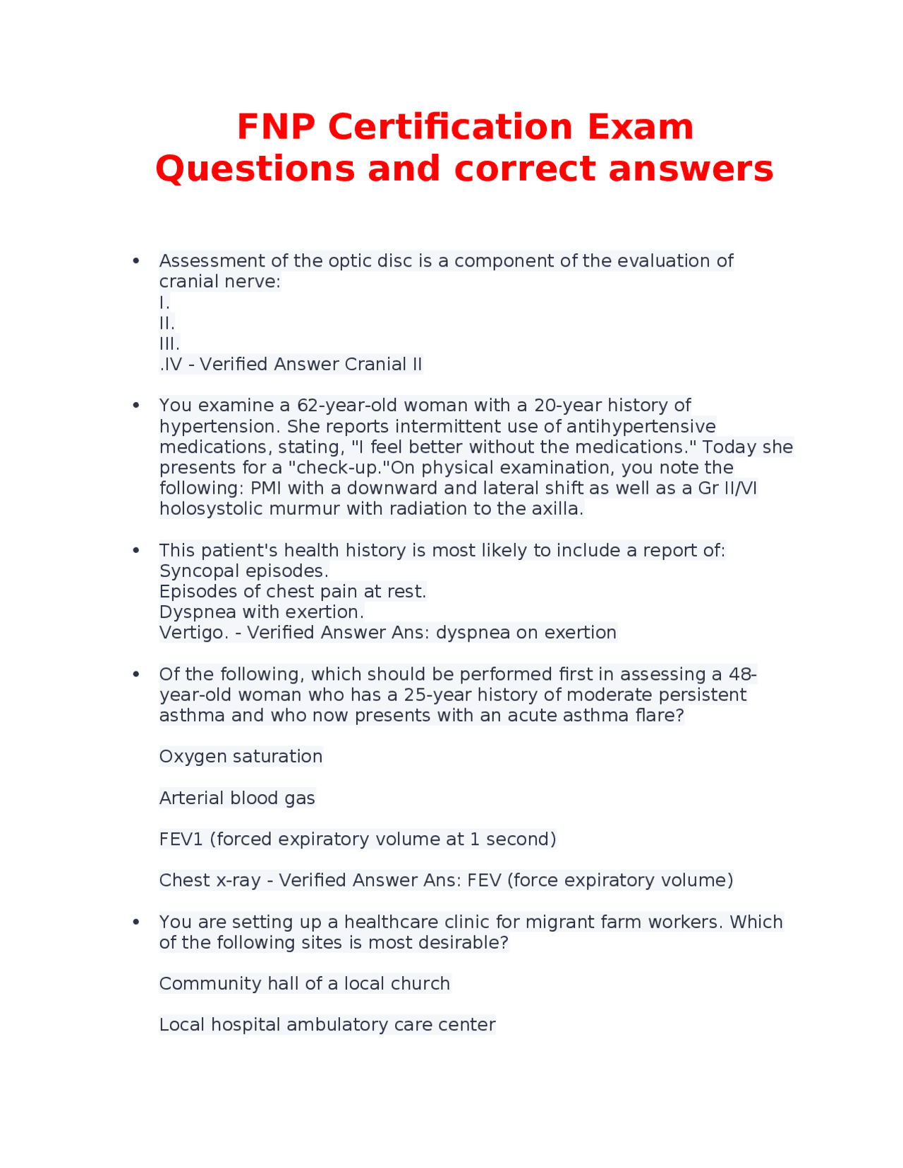 Fnp Certification Exam Questions And Correct Answers Exams Nursing Docsity
