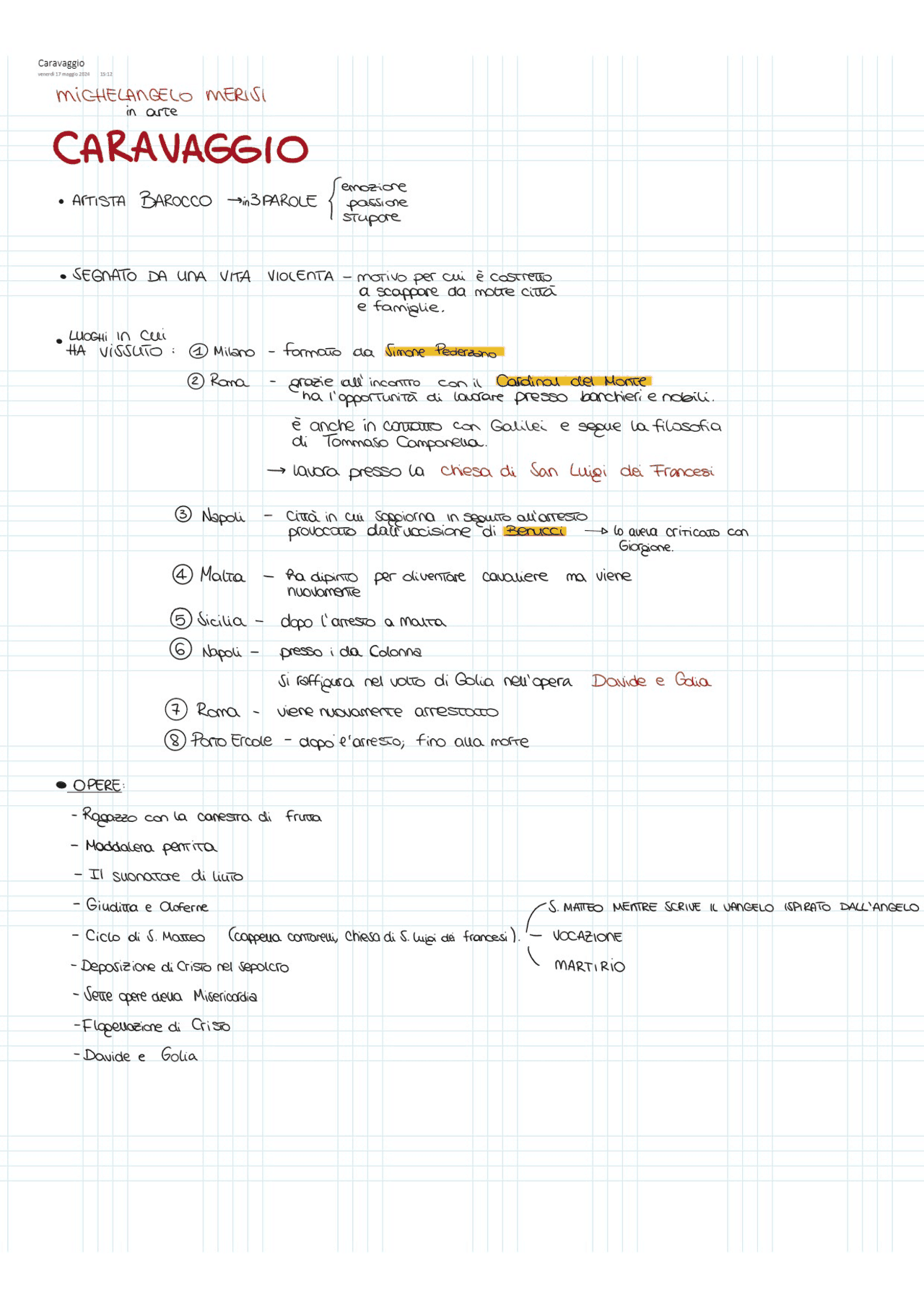 Caravaggio: vita, opere e "La vocazione" | Schemi e mappe concettuali di Elementi di storia dell ...
