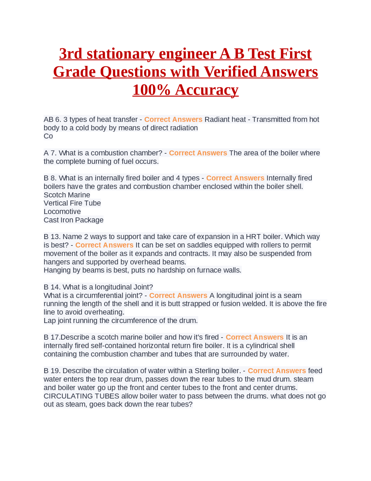 3rd stationary engineer A B Test First Grade Questions with Verified ...